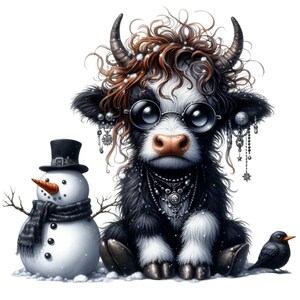 Gothic Cow With Snowman Watercolor Clipart 15 Quirky Winter Animal Art ...