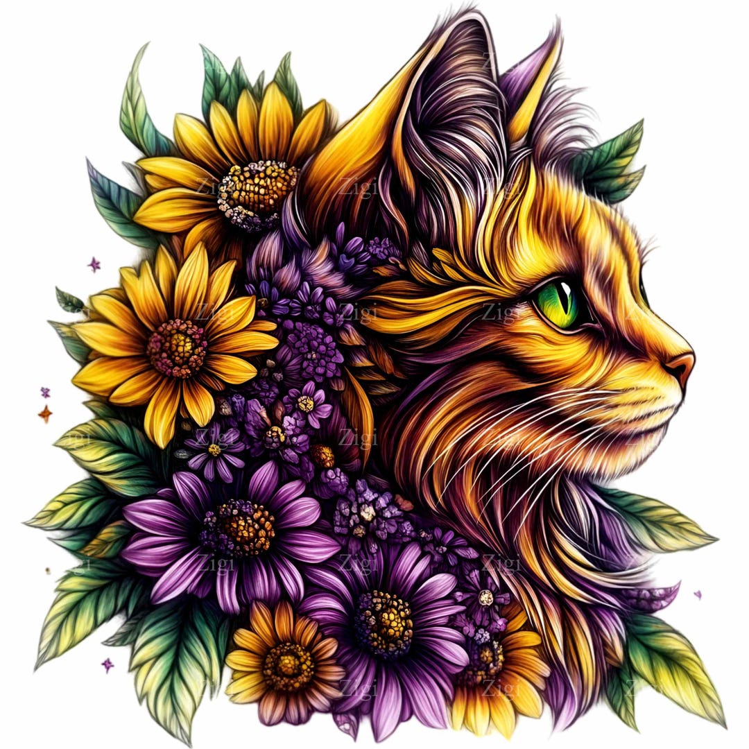 10 Floral Cat PNG Clipart, Vibrant Cat With Purple Flowers, Digital ...
