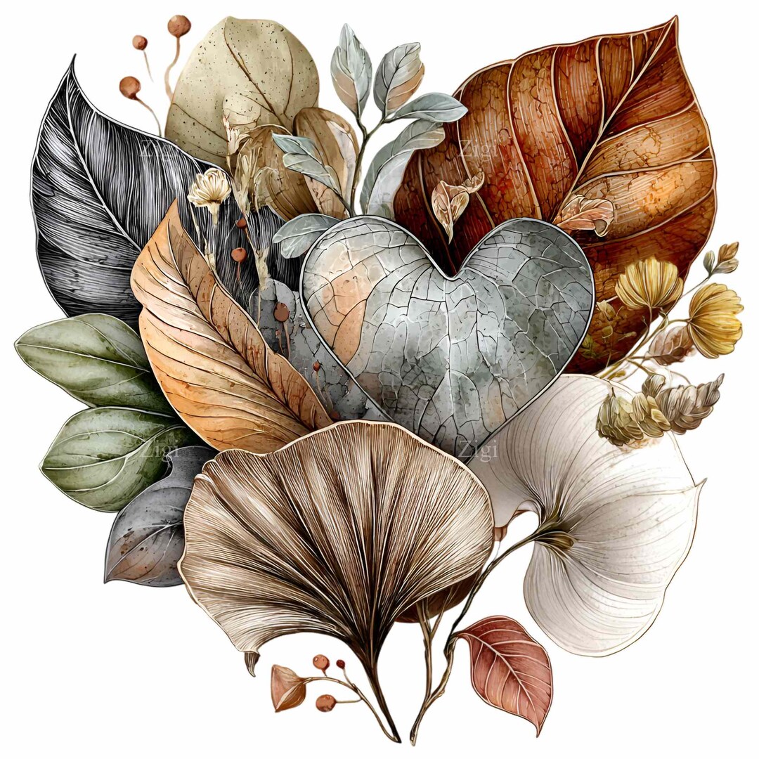 15 PNG Neutral Leaves Heart Clipart – Botanical PNG – Digital Download ...