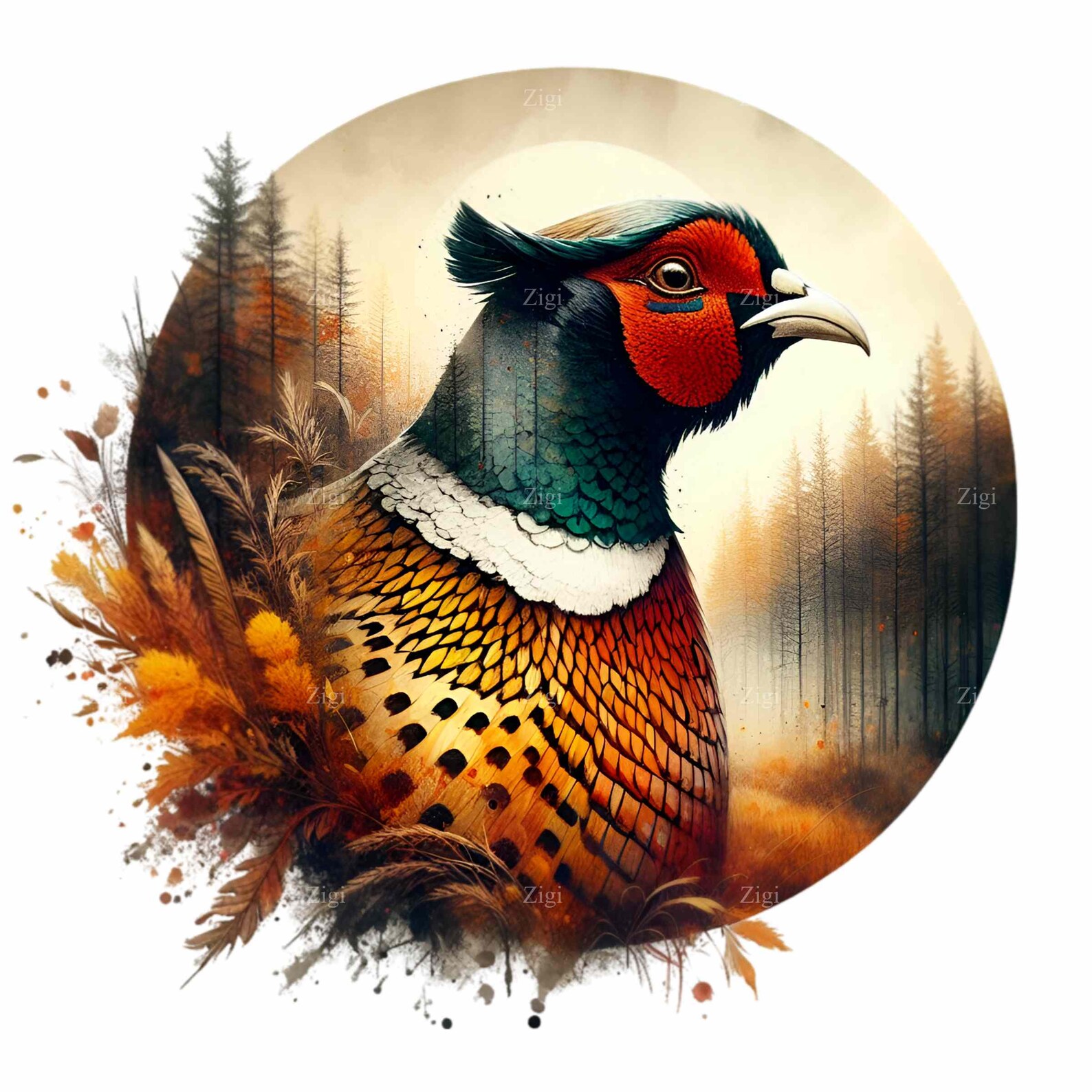 Autumn Pheasant PNG Clipart, 12 Wildlife Illustration With Forest Scene ...