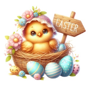 18 Easter Chick PNG Clipart, Cute Baby Chick in Egg With Flowers and ...