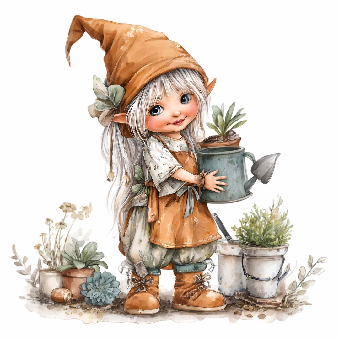 16 PNG Gardening Elf Clipart – Whimsical Spring Girl, Plants & Watering ...