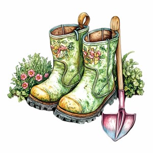 16 PNG Garden Boots Watercolor Shovel Clipart, Floral Graphic - Etsy