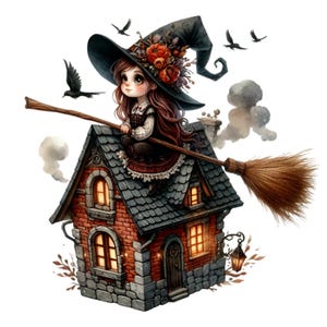 Cute Witch Flying Over Haunted House Clipart 14 Whimsical Halloween Illustration PNG Spooky ...