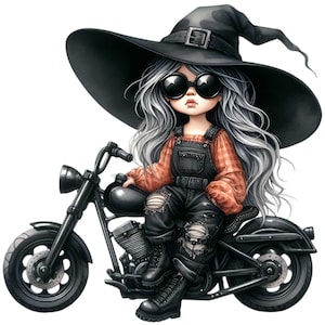 10 Biker Witch PNG, Cute Gothic Witch Girl on Motorcycle Clipart ...
