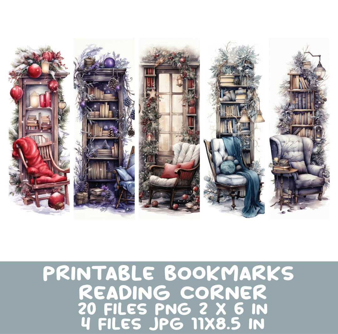 Printable Reading Corner Bookmarks PNG Cozy Bookshelf and Chair Designs ...