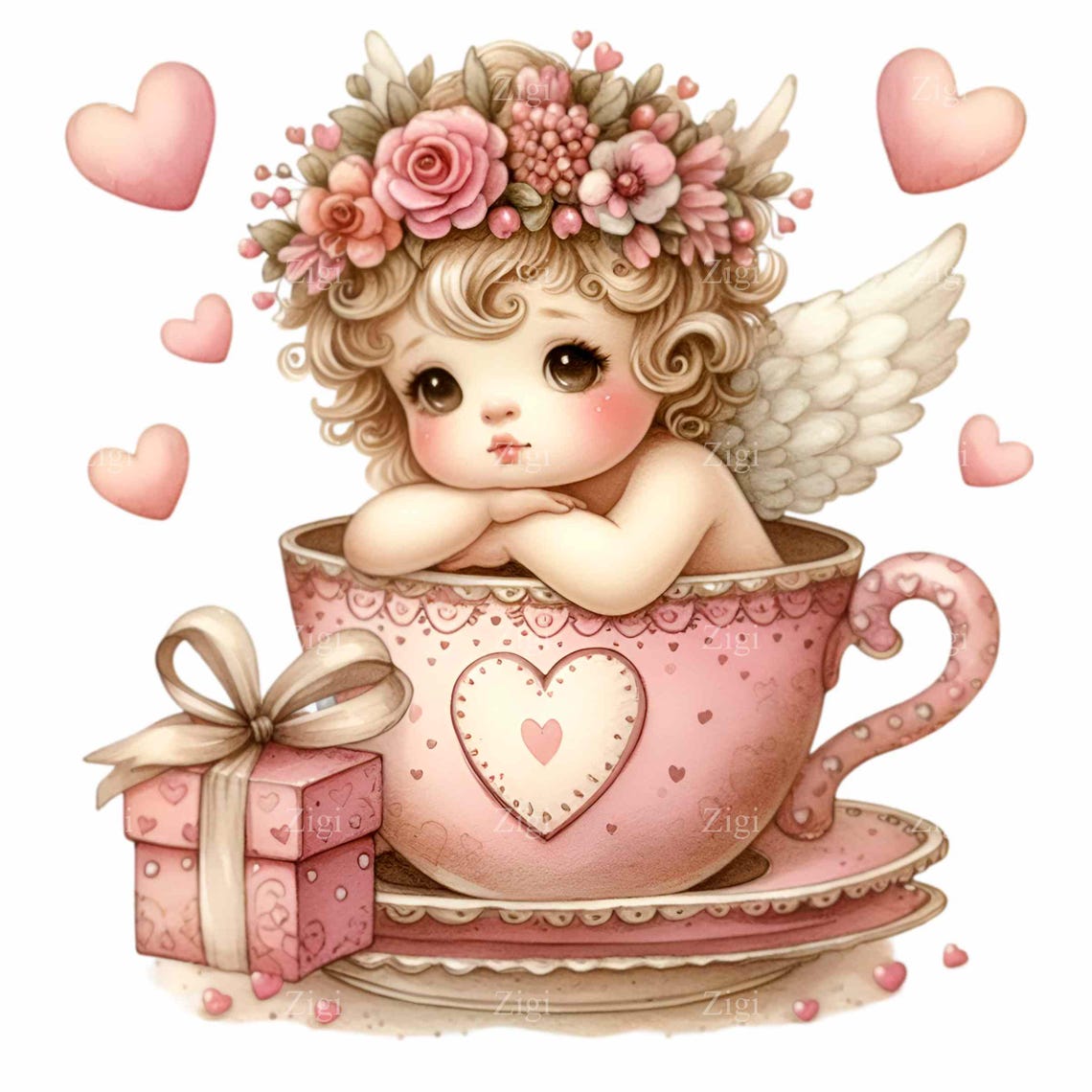 15 PNG Teacup Angel – Valentine Cupid Illustration With Floral Crown ...