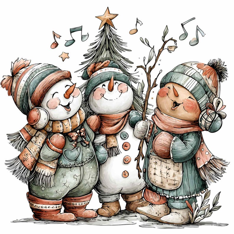 10 PNG Caroling Snowmen Clipart, Christmas Singing Festive Winter - Etsy