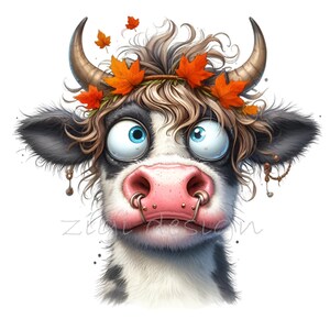 Funny Cow Fall Leaves Clipart, 15 PNG Farm Autumn Cartoon Illustration ...