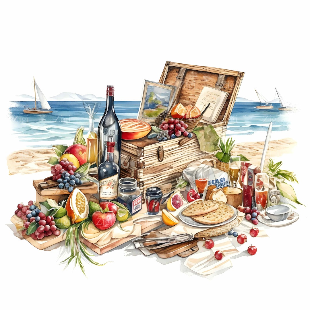 12 JPG Seaside Picnic Clipart – Coastal Food Basket JPG – Summer Beach ...