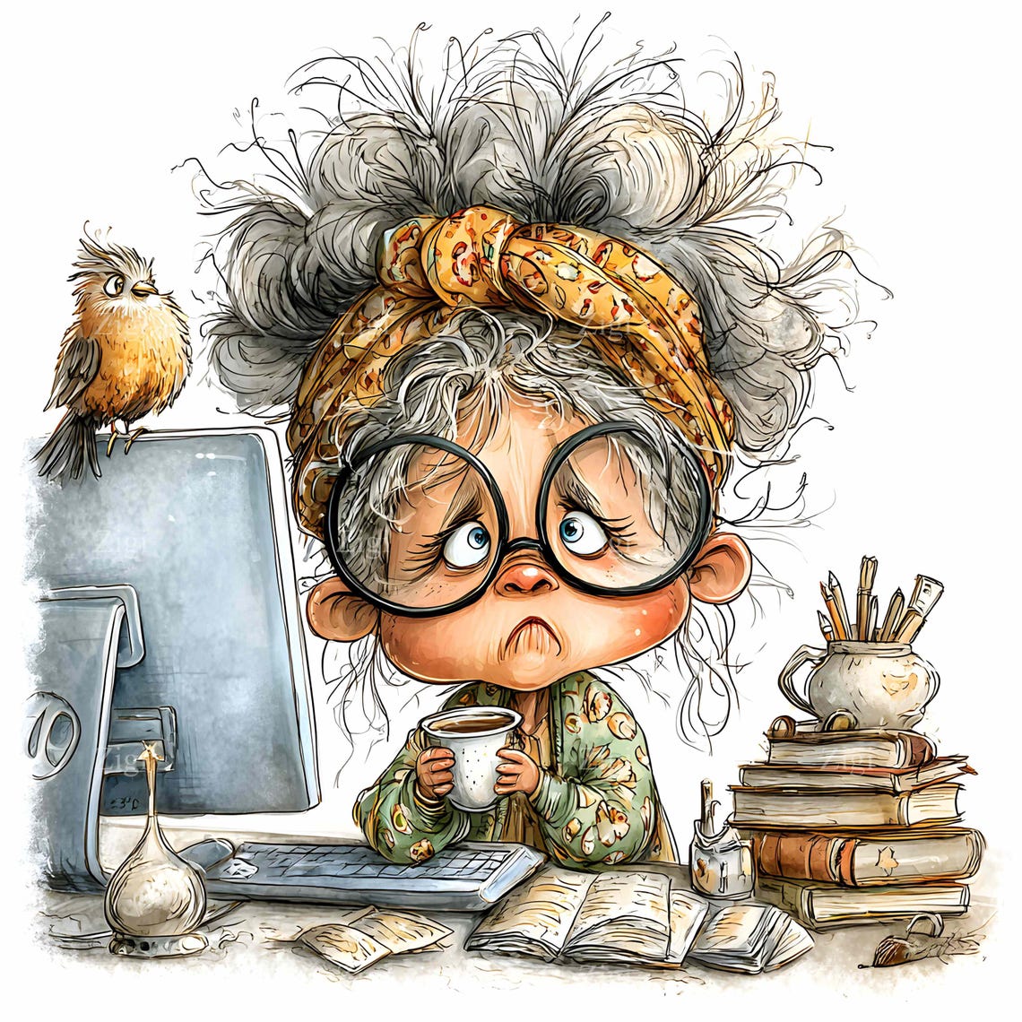 21 JPEG Funny Grandma – Computer Desk JPG Clipart – Whimsical Office ...