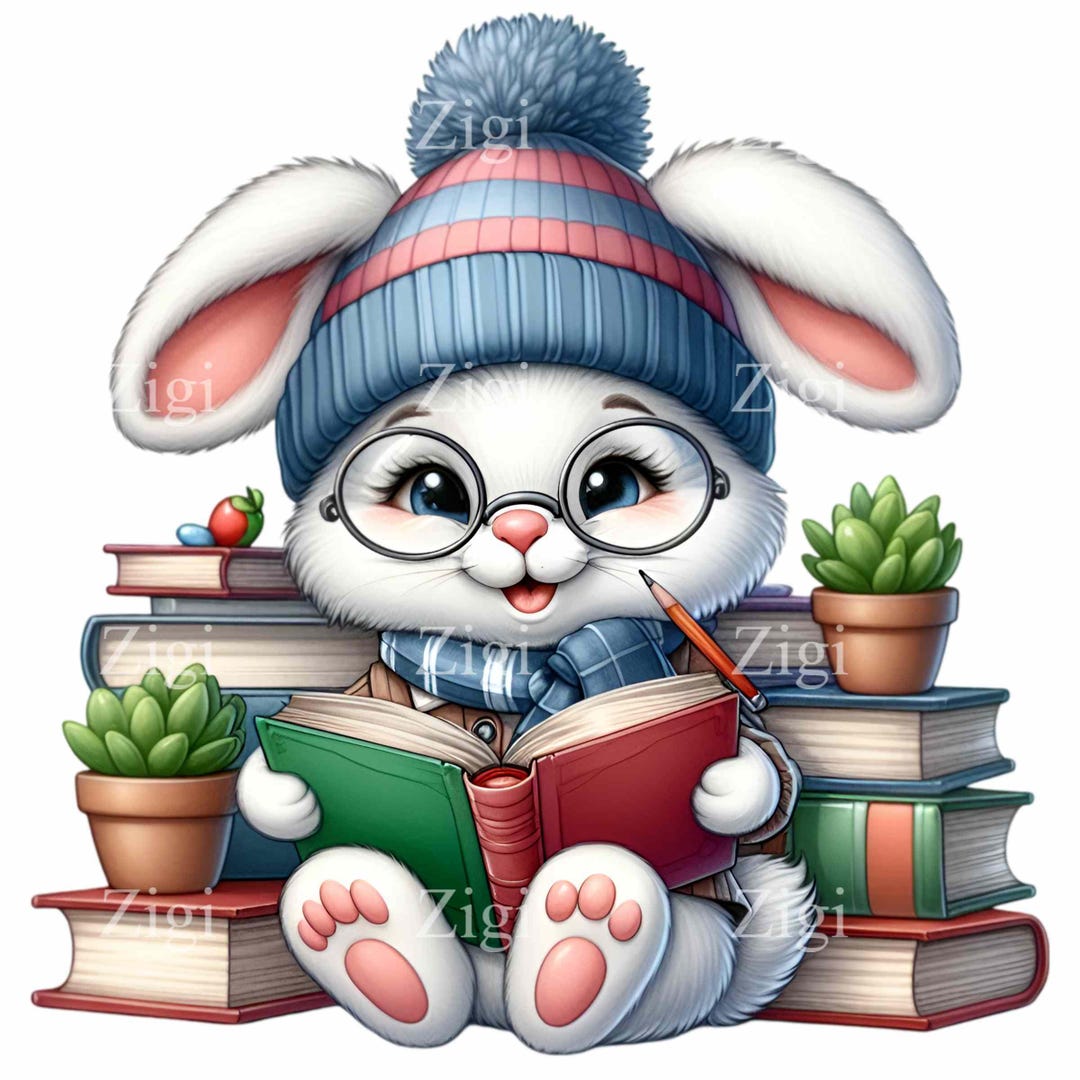 Cute Reading Bunny Clipart, 12 Adorable Rabbit With Books and Glasses ...