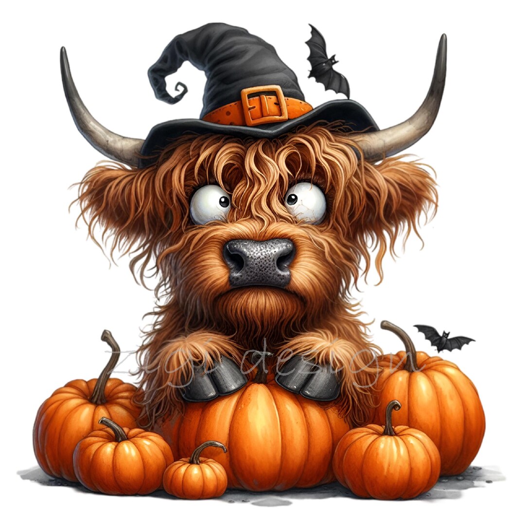Funny Witch Cow Clipart PNG 14 Highland Cow in Witch Hat With Pumpkins ...