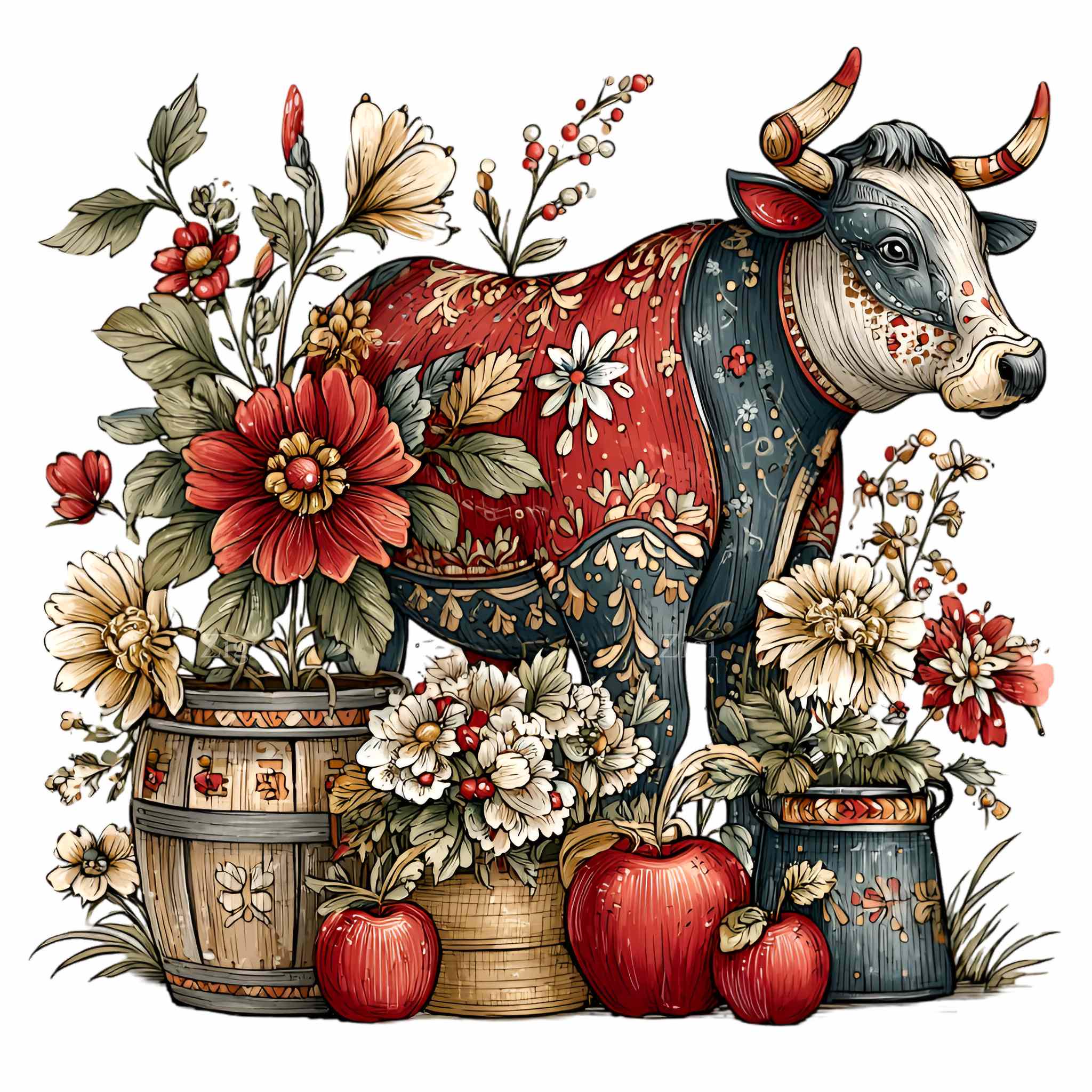 15 PNG Folk Art Cow Floral Farmhouse Clipart, Scandinavian Garden ...