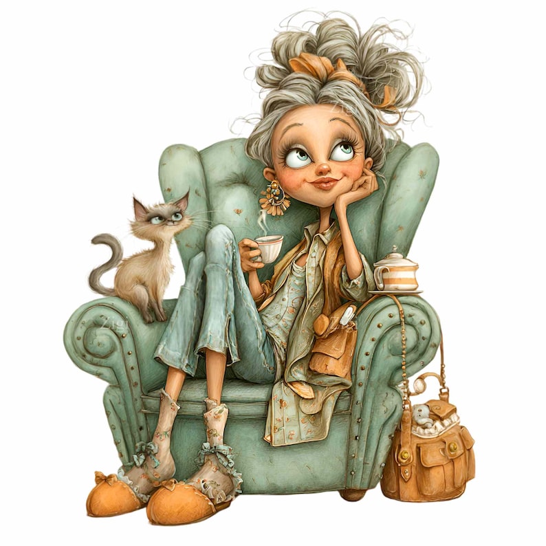 15 PNG Whimsical Lady Clipart - Funny Woman With Cat PNG - Digital ...