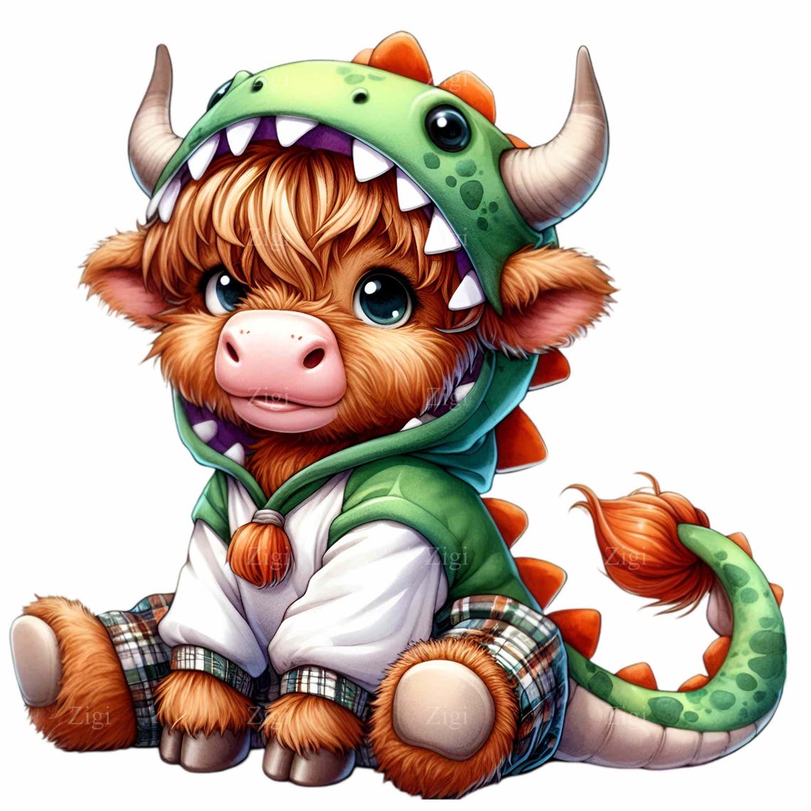 12 Highland Cow in Dino Costume PNG - Cute Fluffy Cow Digital Clipart ...
