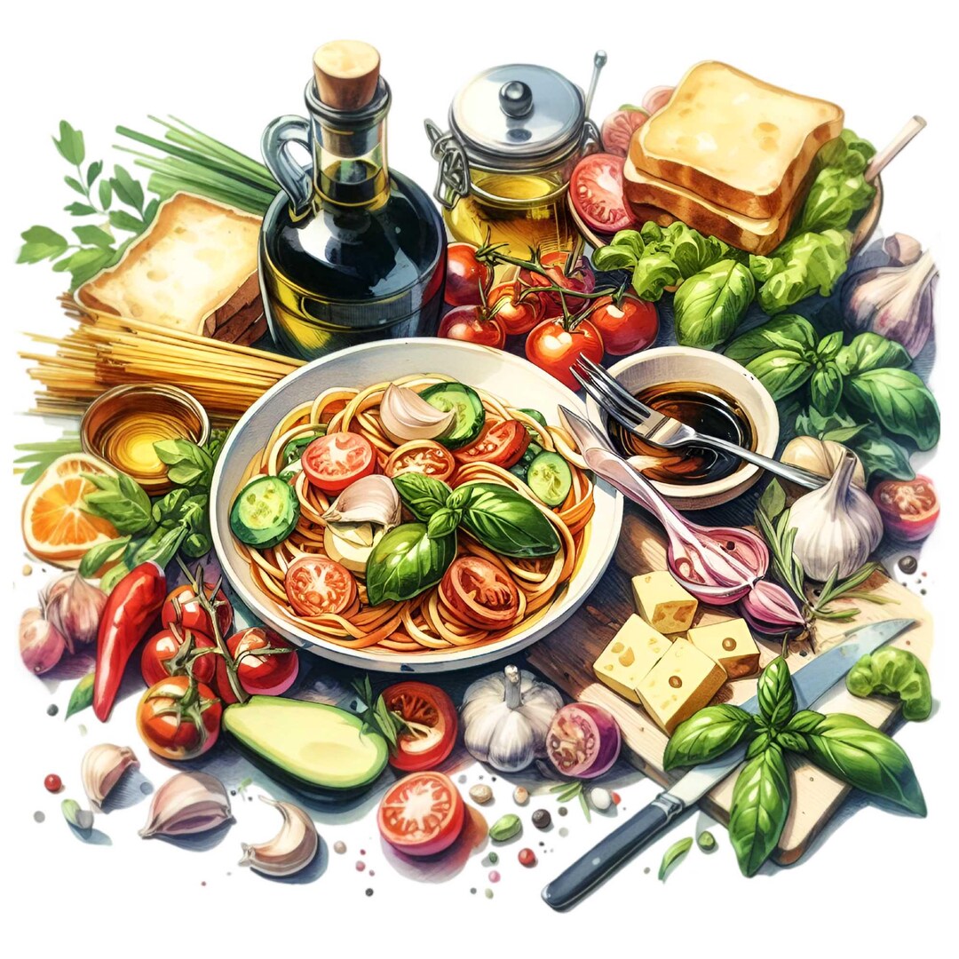 Italian Cuisine Watercolor Clipart 15 Fresh Pasta and Ingredients Art ...