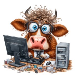 10 Funny Cow Programmer PNG Clipart | Stressed Cow at Computer Desk ...