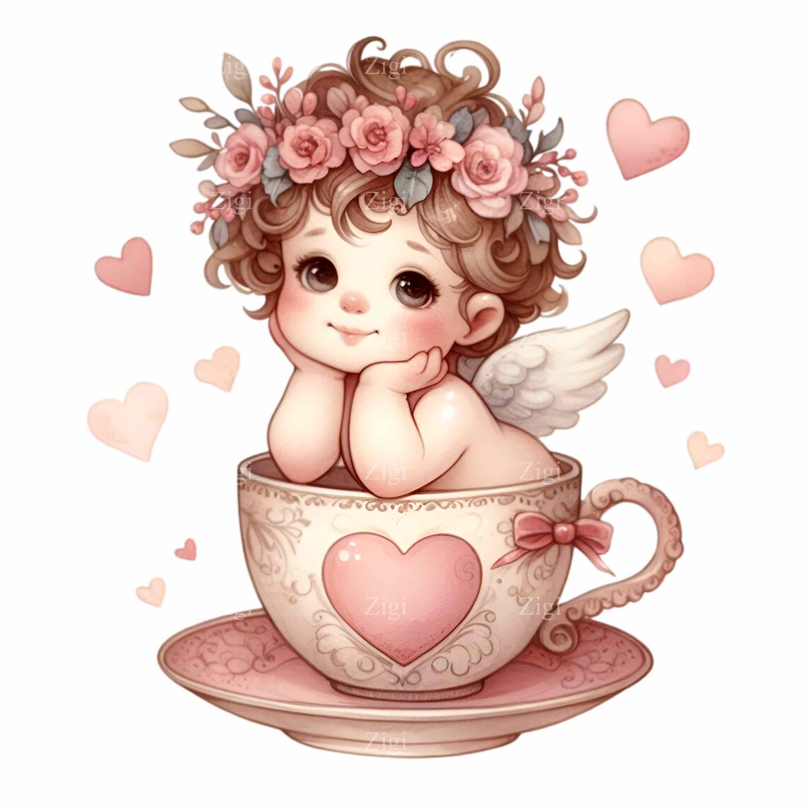 15 PNG Teacup Angel – Valentine Cupid Illustration With Floral Crown ...