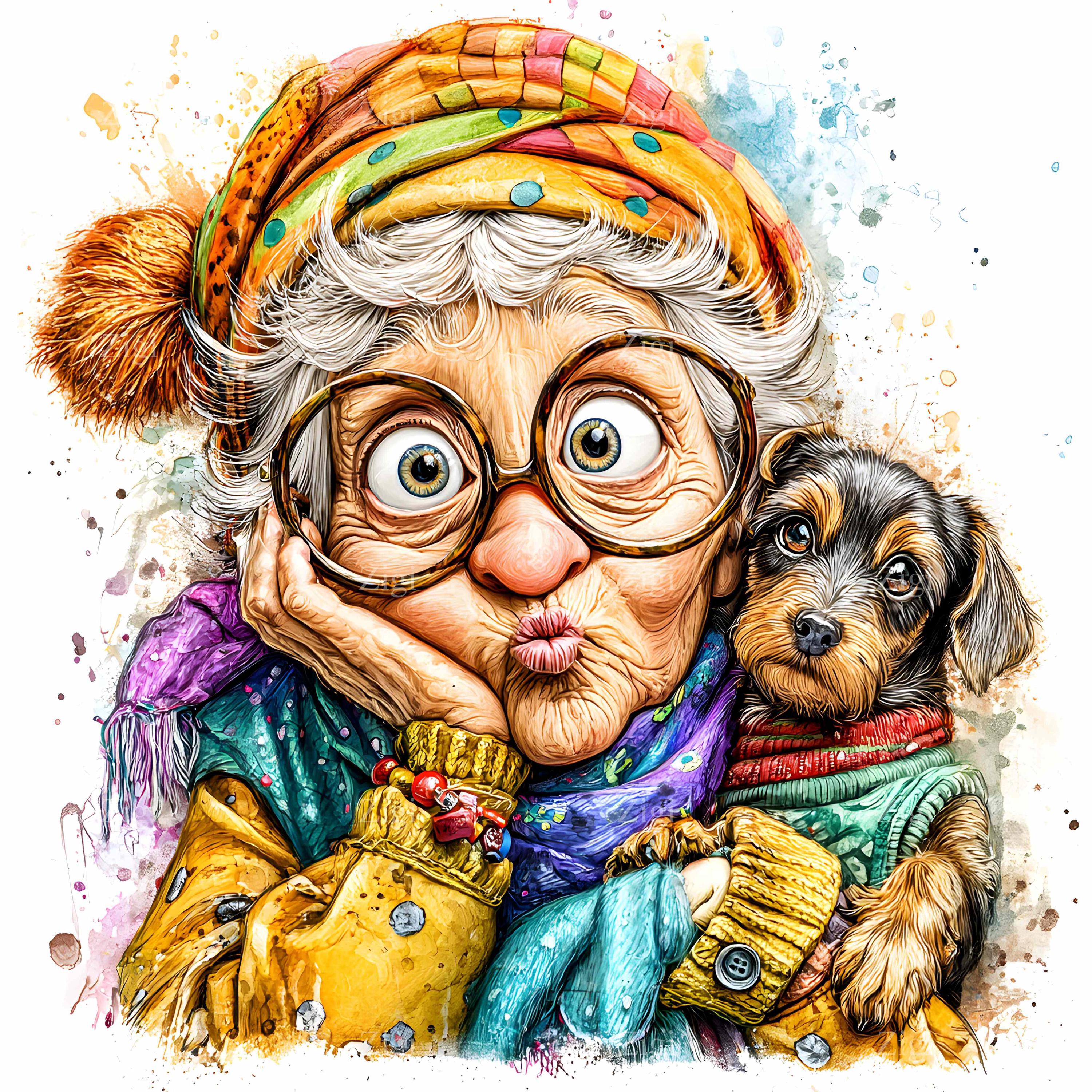 25 JPEG Whimsical Grandma With Dog – Cute JPG Clipart – Cartoon ...