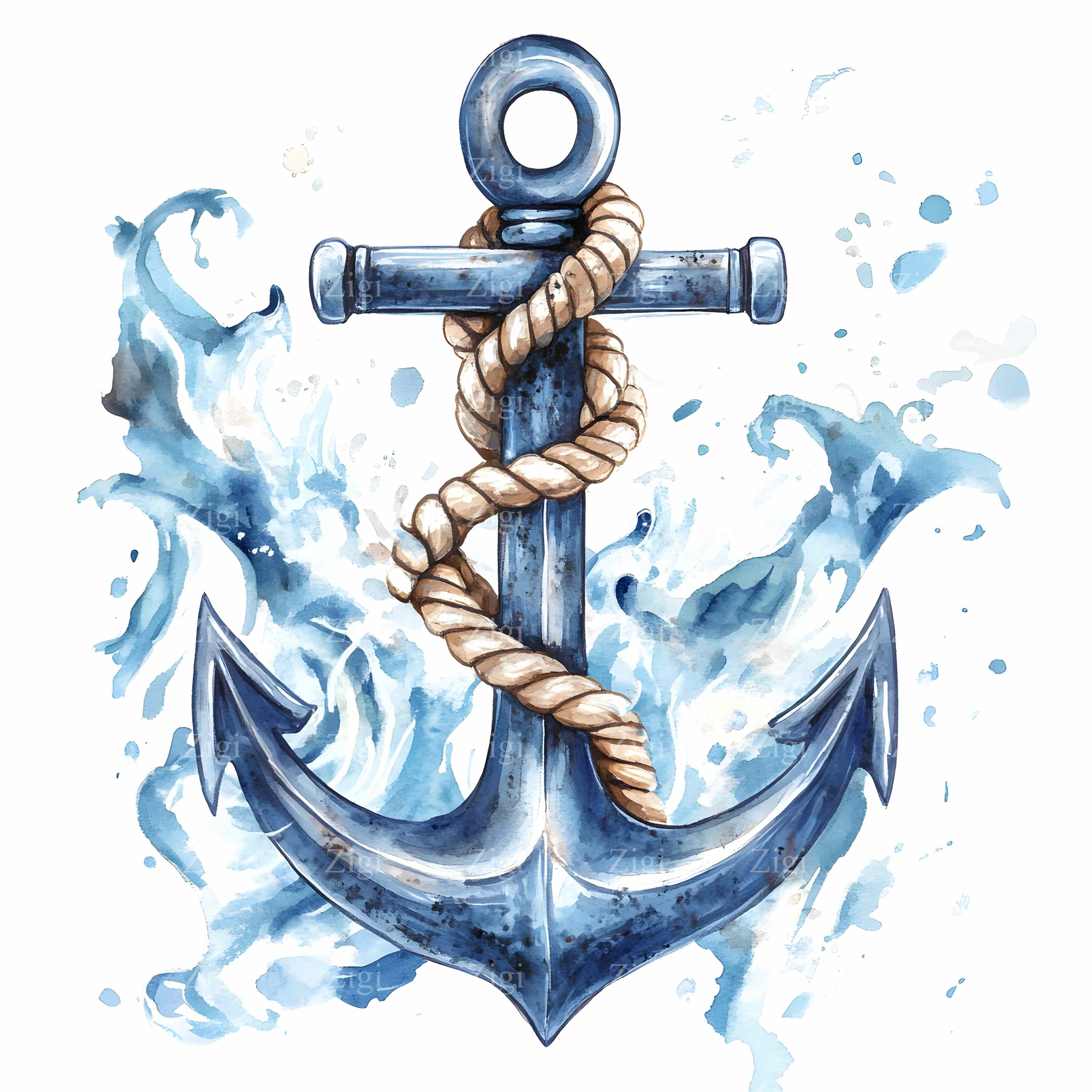 44 JPEG Watercolor Nautical Anchor Clipart - Ocean Splash Rope Anchor ...