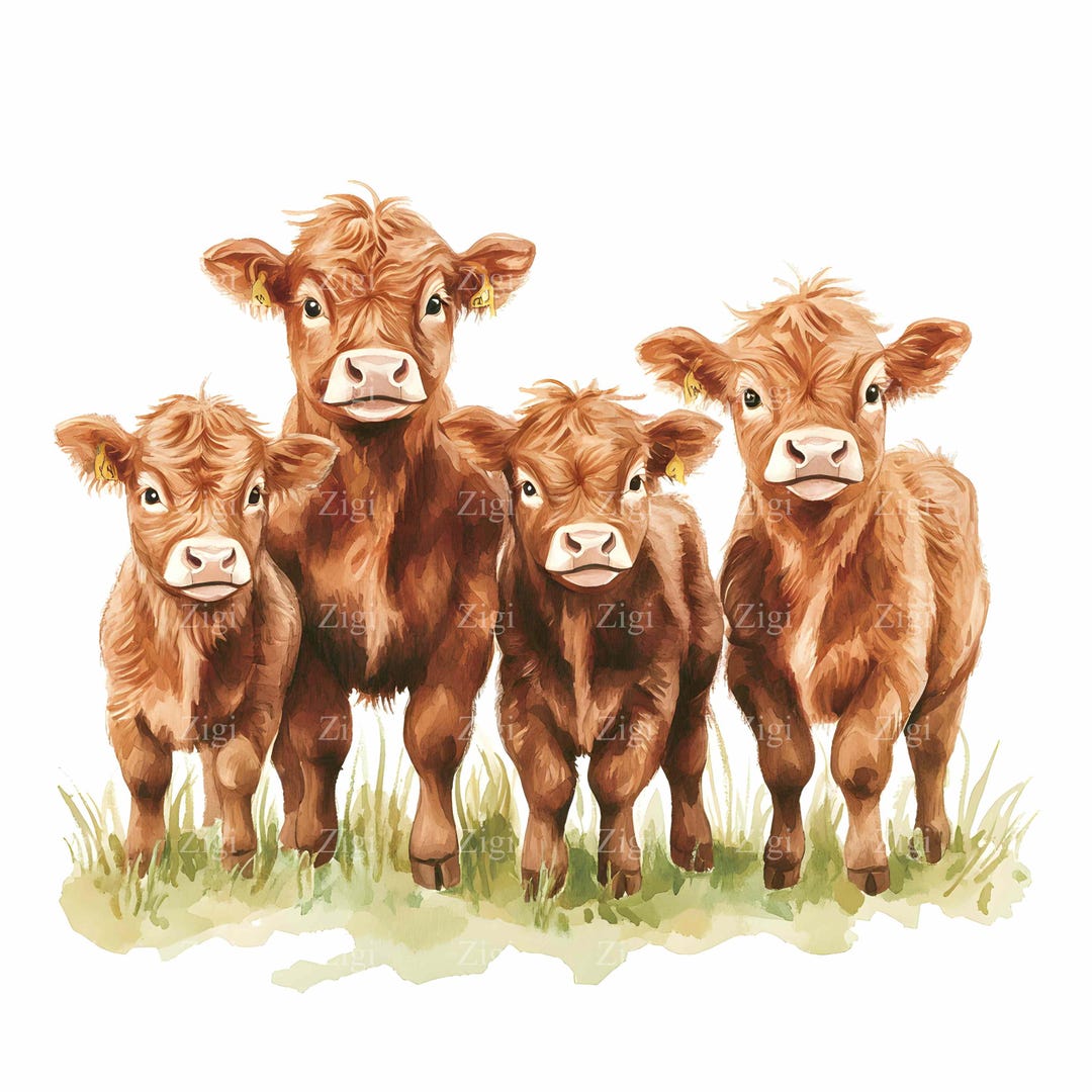 25 JPEG Fluffy Cow Clipart JPG – Four Brown Calves Standing on Grass ...