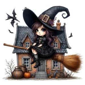 Cute Witch Flying Over Haunted House Clipart 14 Whimsical Halloween Illustration PNG Spooky ...