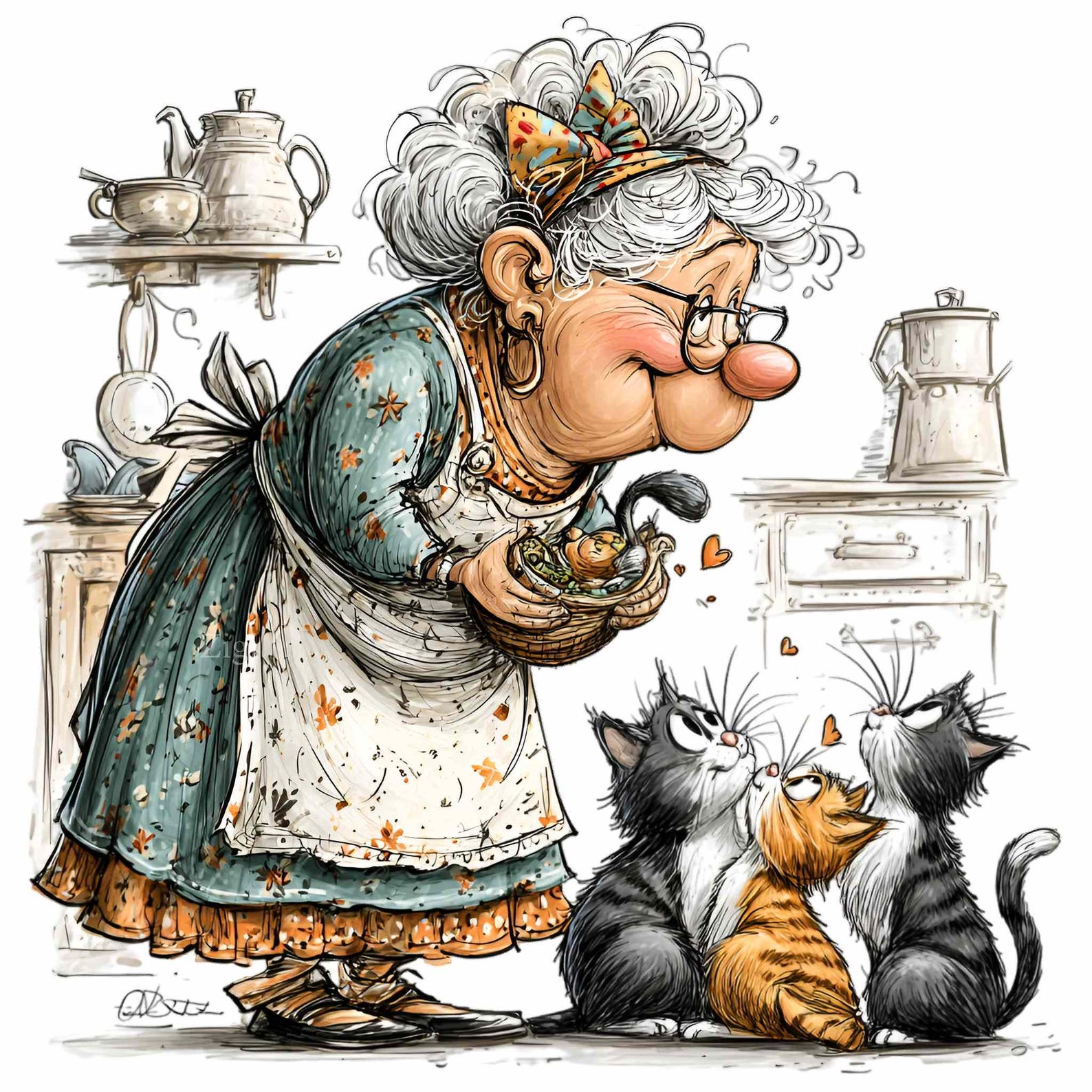 16 PNG Cat Grandma Clipart – Funny Lady – Retro Coffee Woman for ...