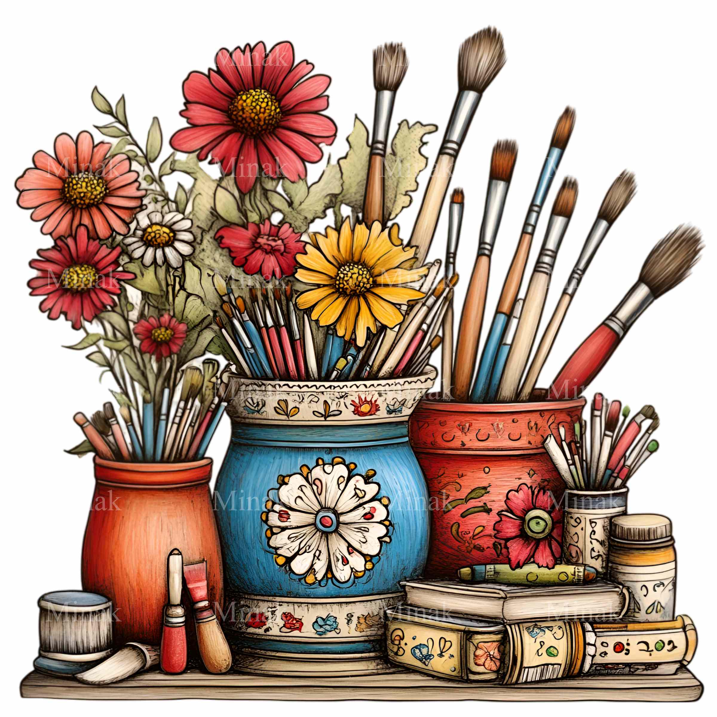 10 PNG Art Studio Clipart - Paint Brushes and Flowers PNG for Artist ...