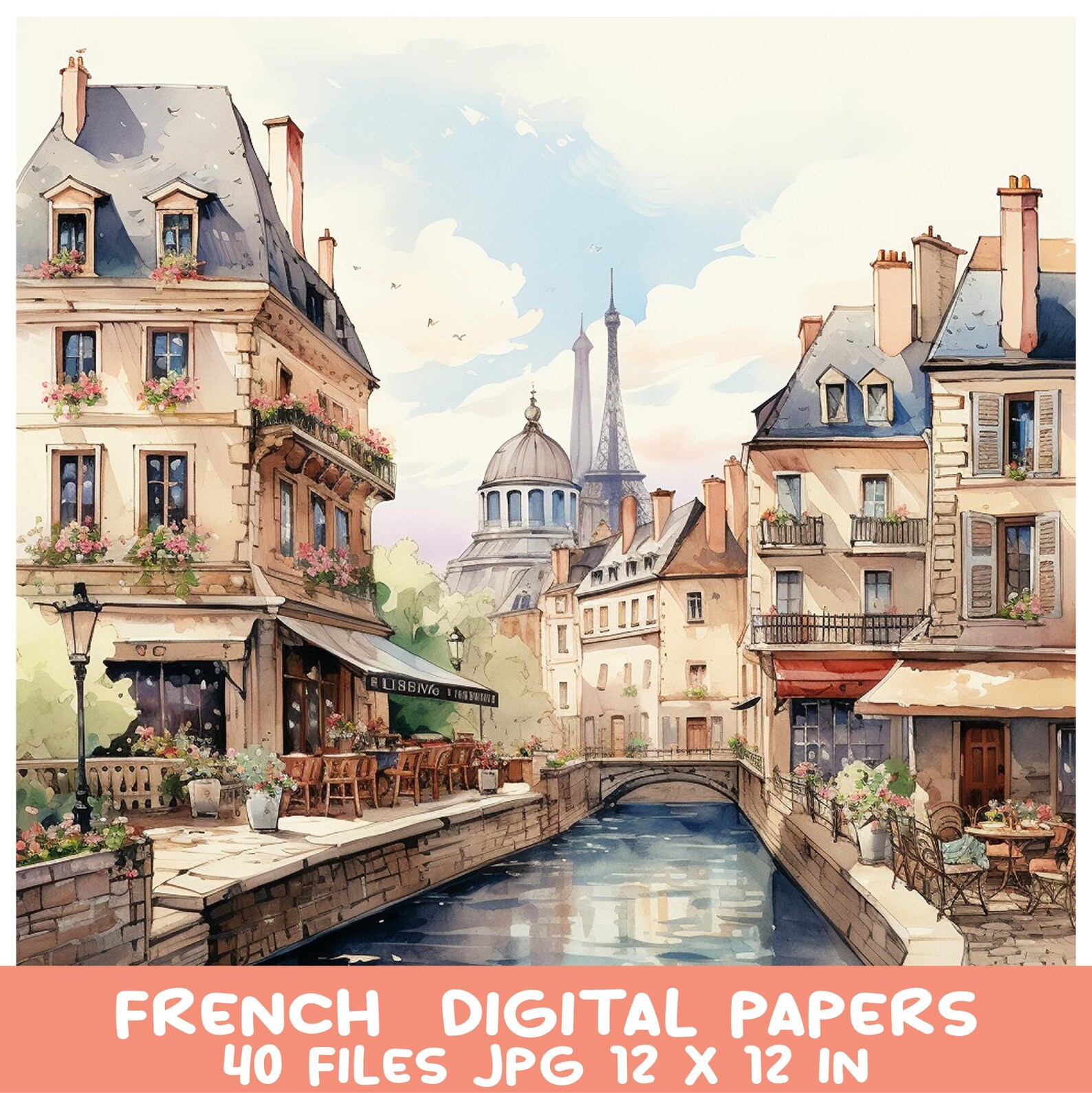 Paris Digital Papers 40 JPG Watercolor, Eiffel Tower Clipart, Parisian ...