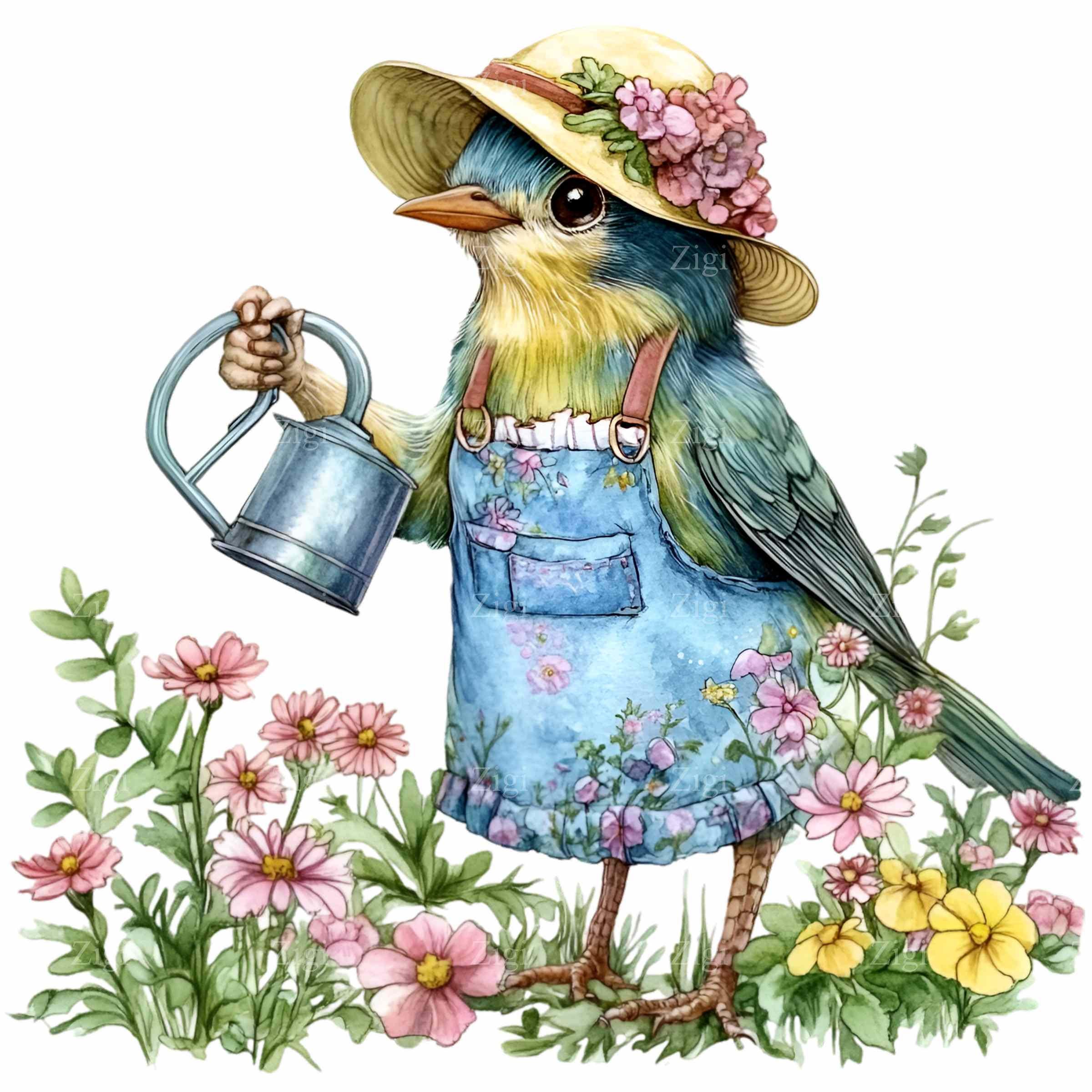18 PNG Gardening Bird Clipart – Cute Spring Bird PNG With Watering Can ...