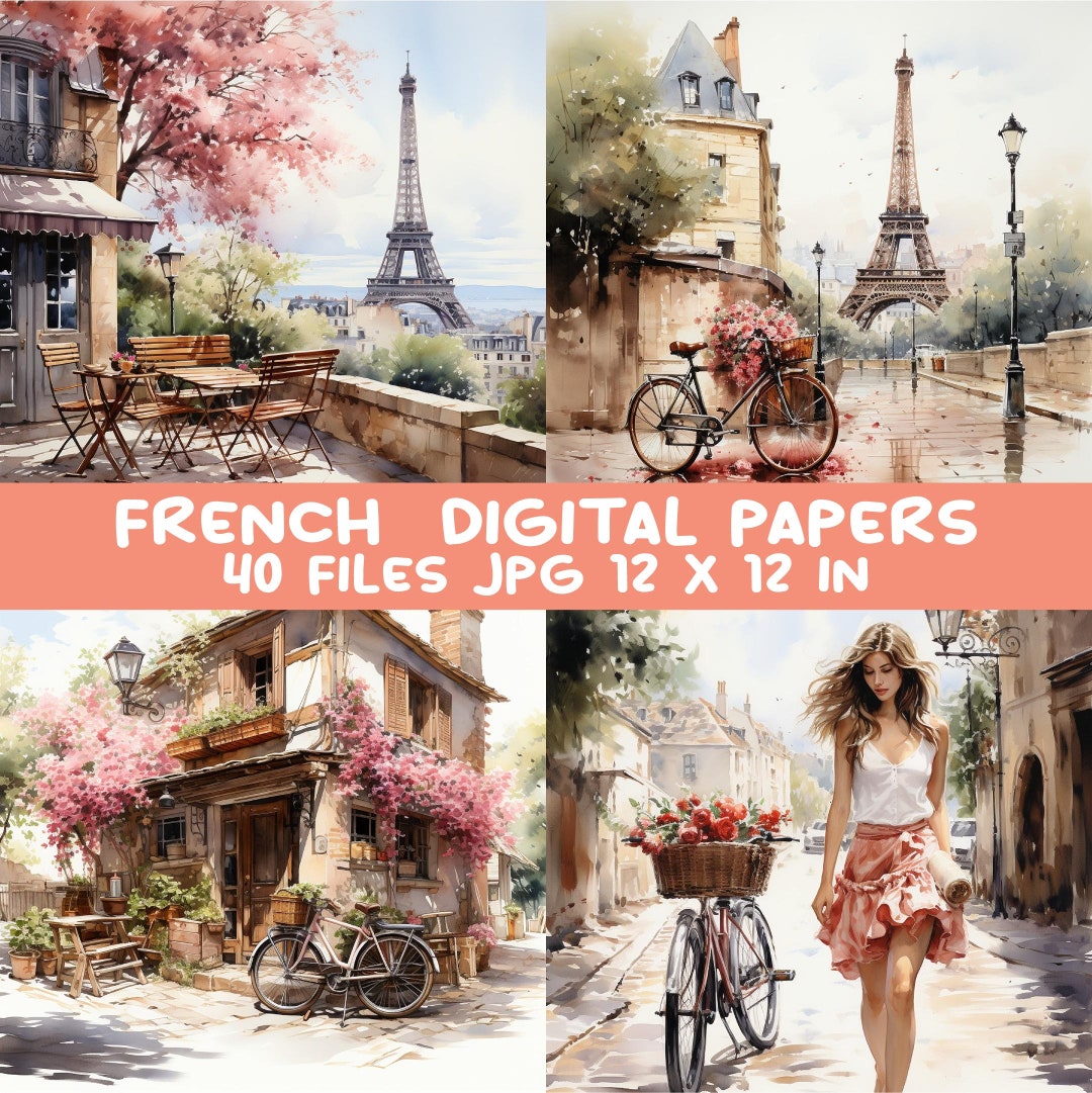 Paris Digital Papers 40 JPG Watercolor, Eiffel Tower Clipart, Parisian ...