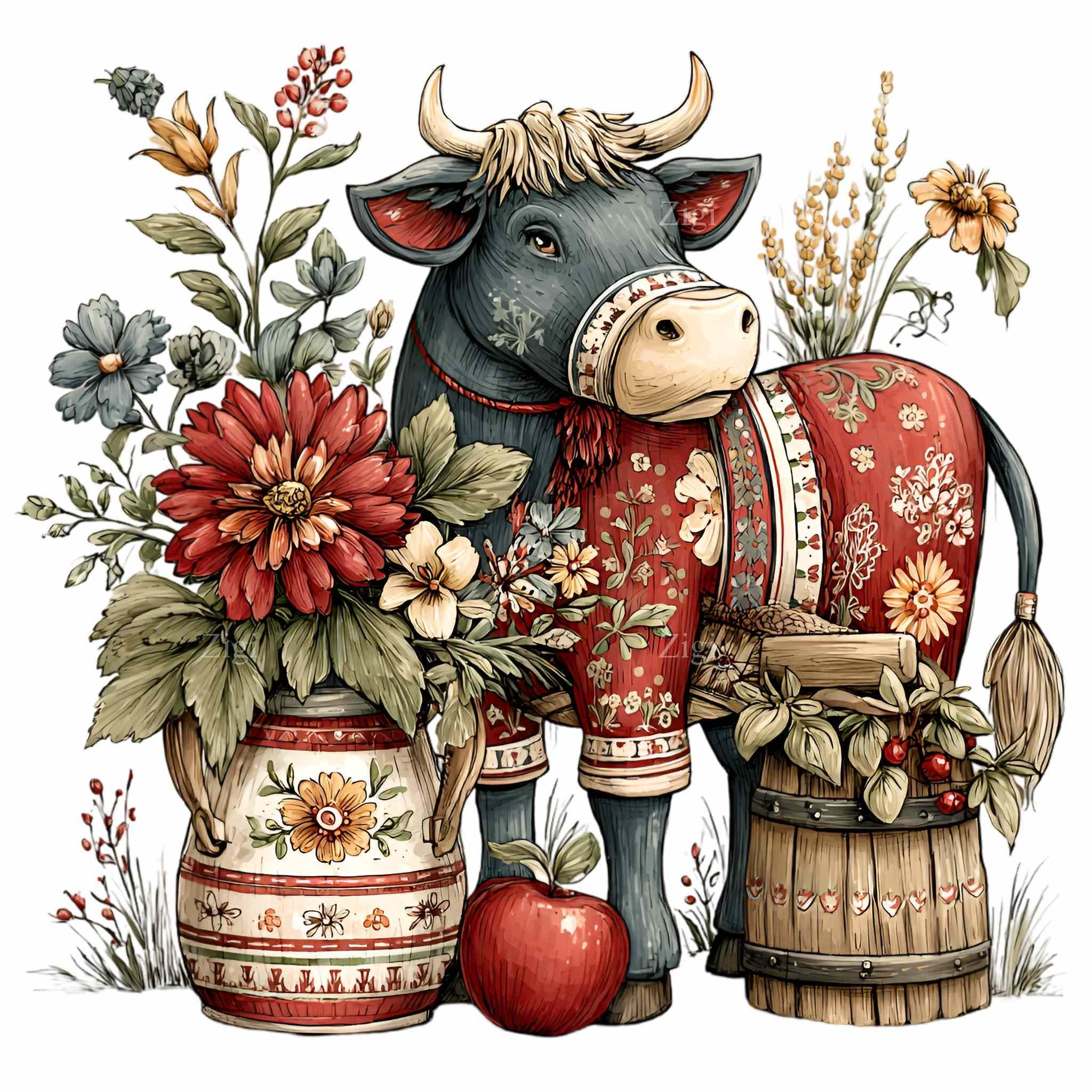 15 PNG Folk Art Cow Floral Farmhouse Clipart, Scandinavian Garden ...
