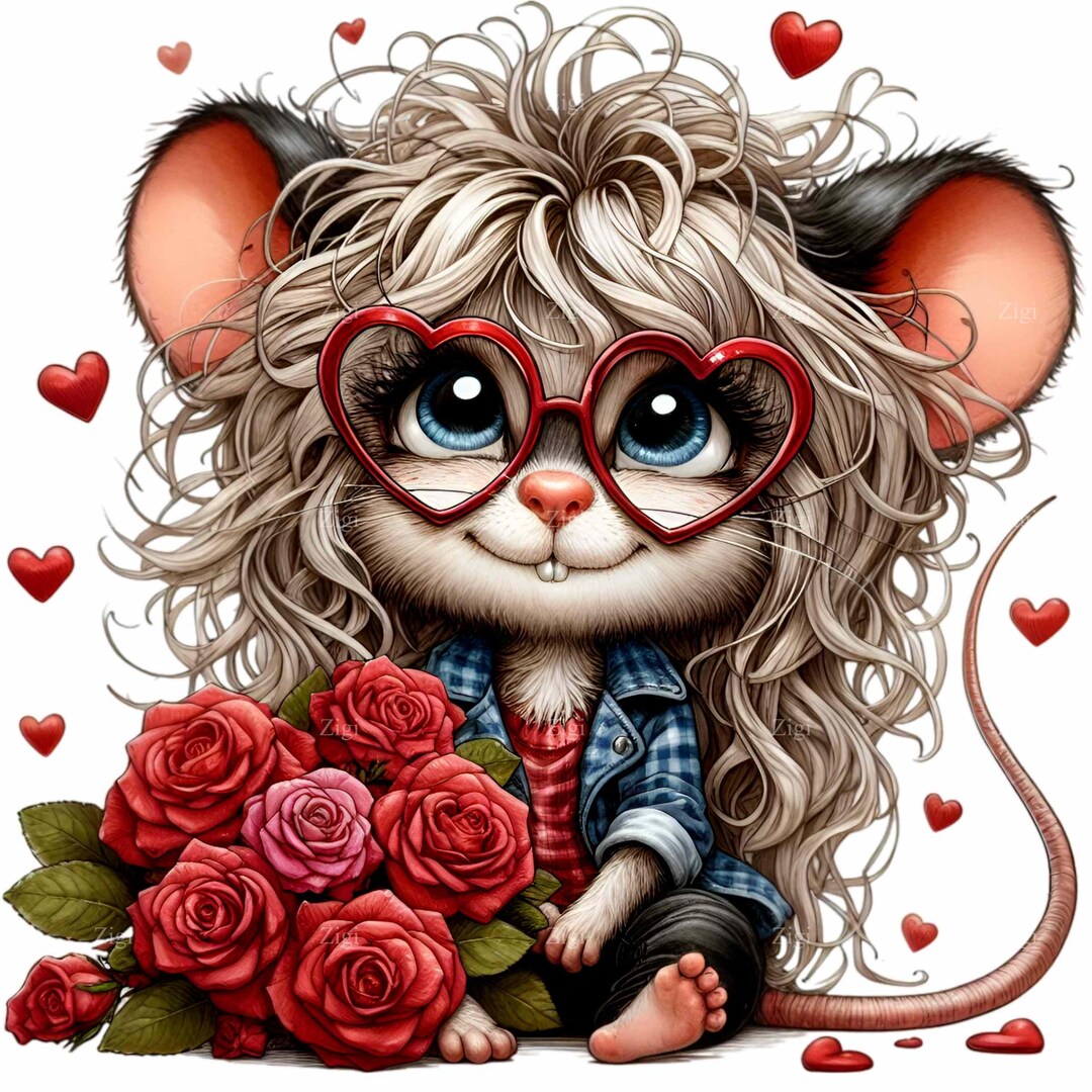 Mouse With Roses PNG Clipart 12 Cute Mouse in Heart Glasses Holding Red ...