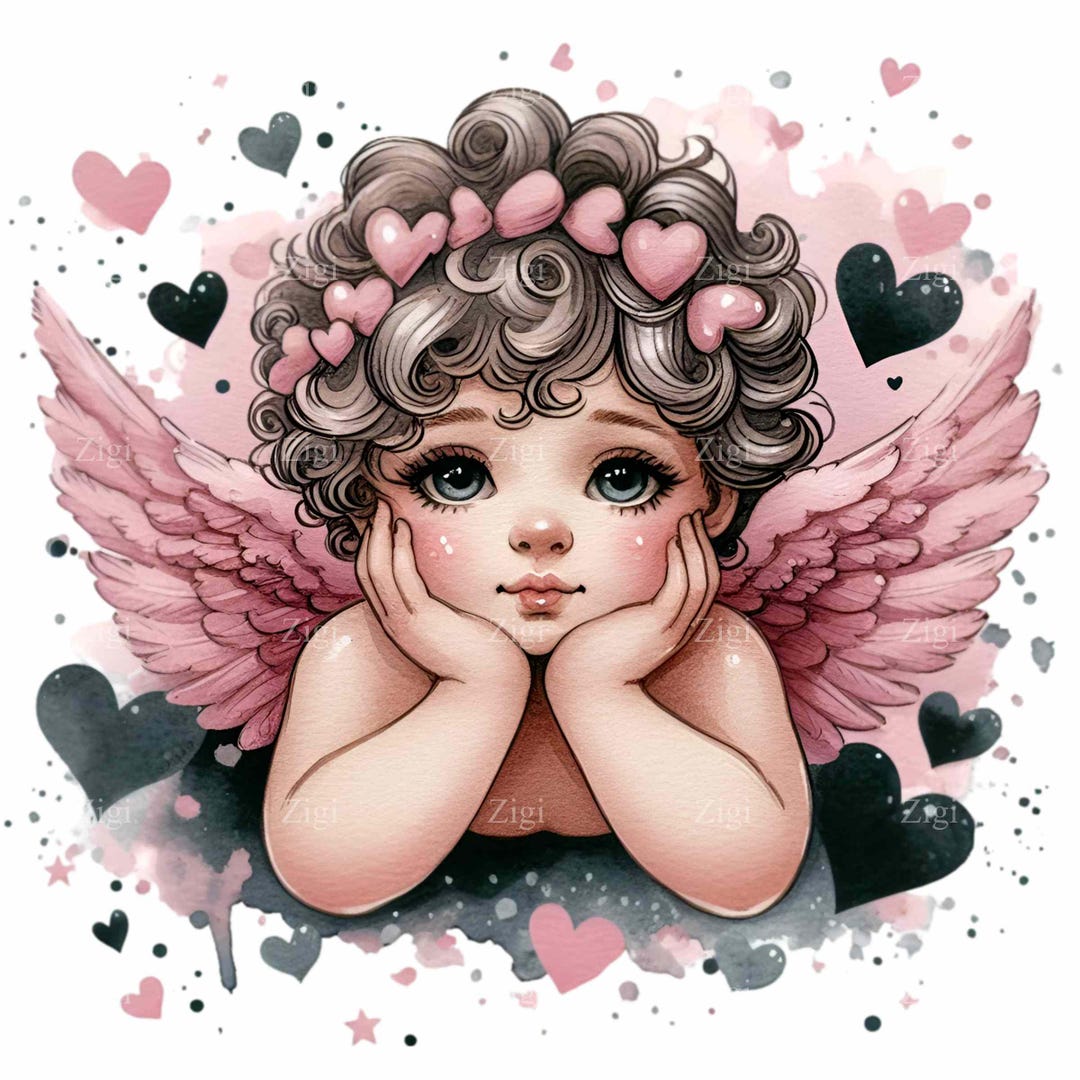 12 Pink Cupid Angel PNG, Whimsical Heart Wings Illustration, Romantic ...