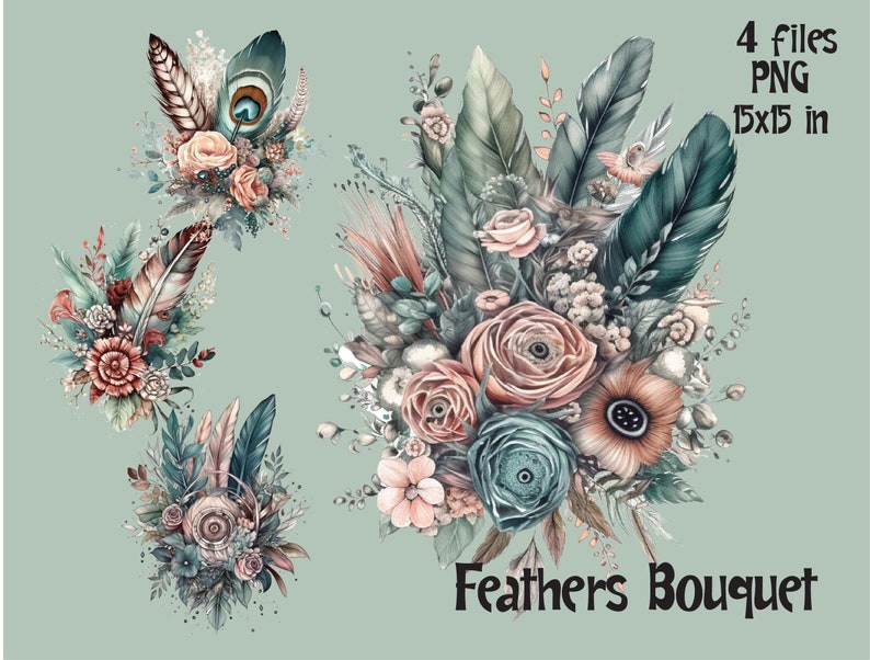 Feathers Bouquet Clipart PNG Watercolor Boho Style Sublimation - Etsy