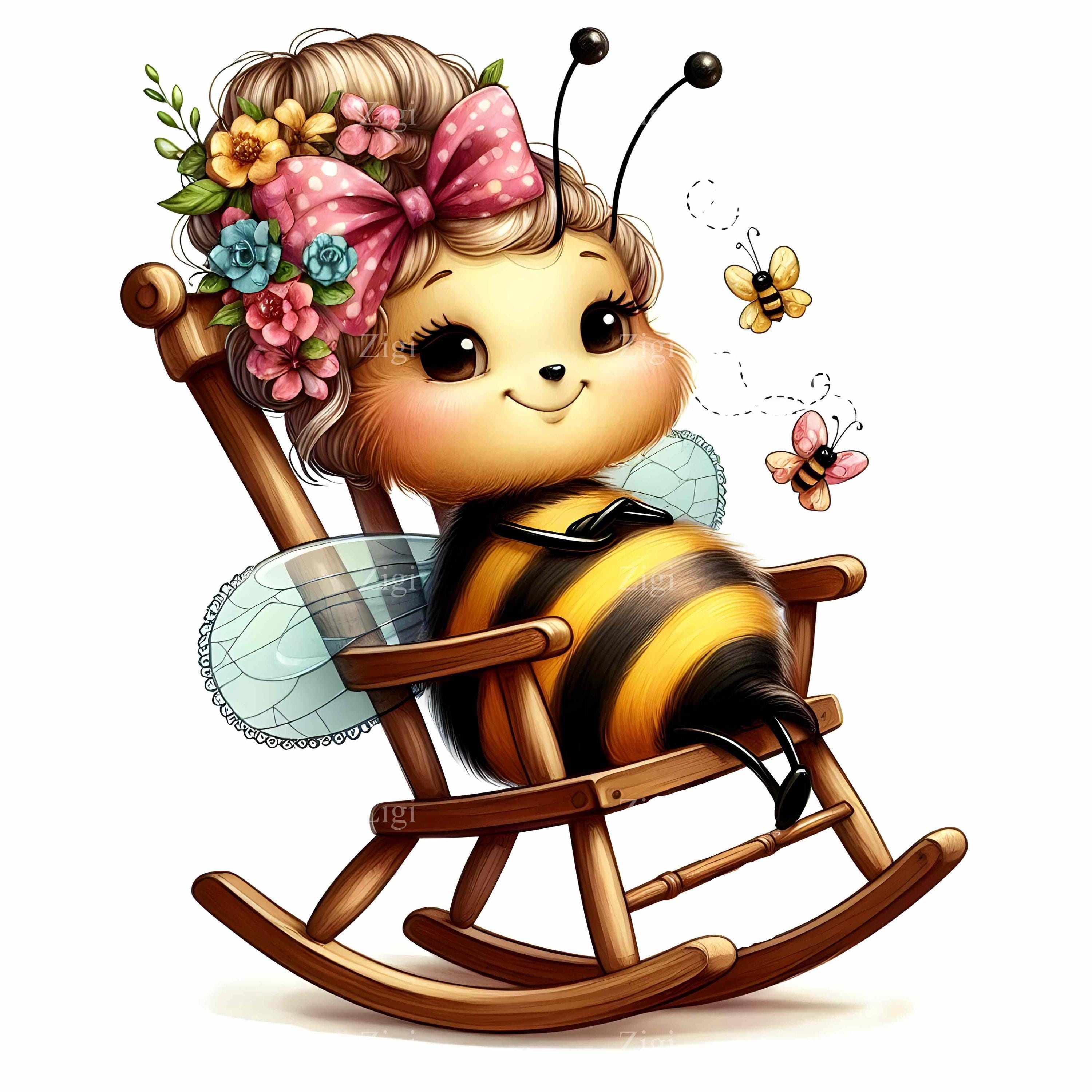 12 JPEG Cute Bee Clipart in Rocking Chair With Apron & Bow, Floral ...