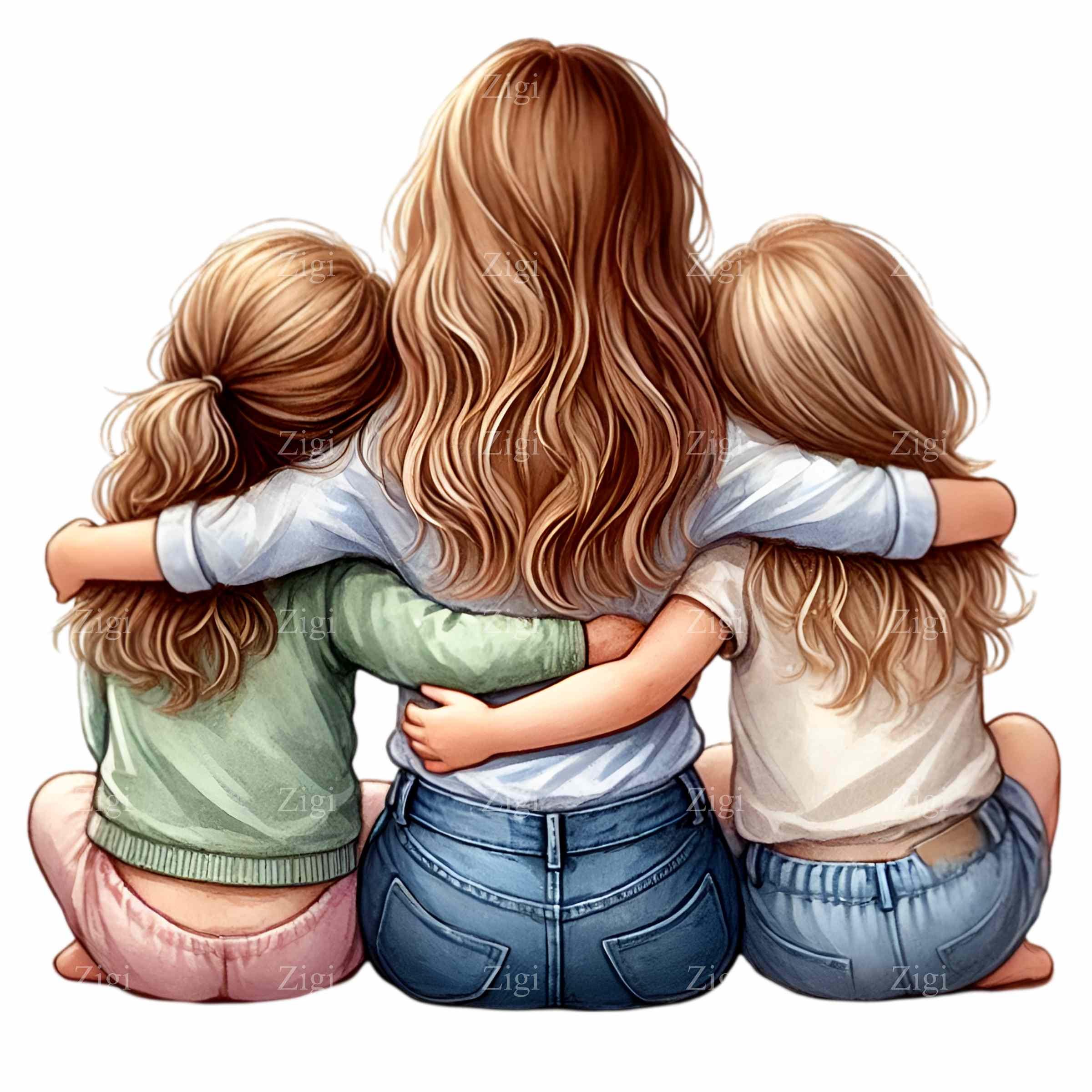12 Three Girls Hugging PNG Clipart, Sisters Illustration, Cute Family ...