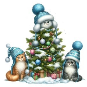 Christmas Kitten Tree Clipart 10 Cute Festive Cat Illustration in Santa ...