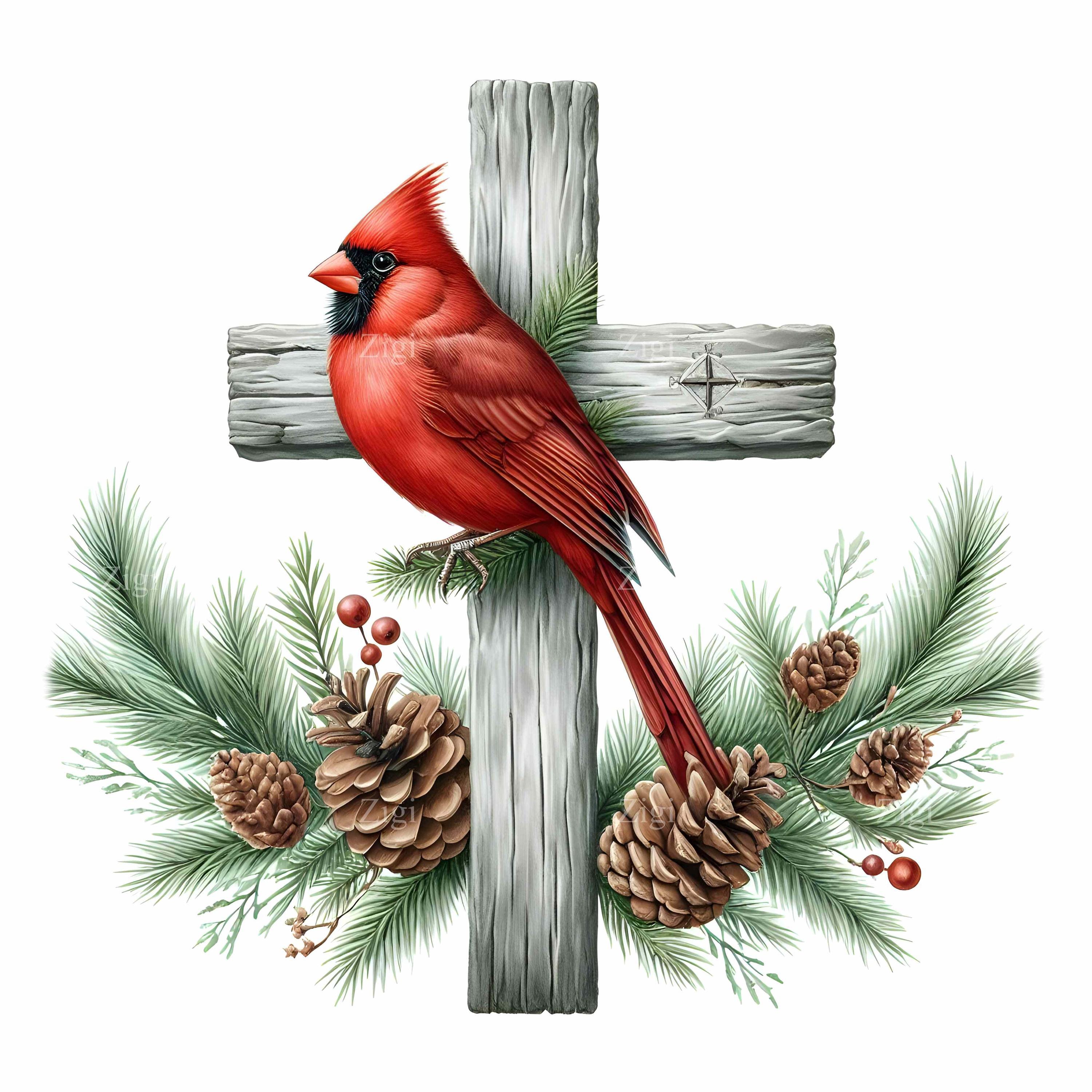 19 JPEG Winter Cardinal – Rustic Cross JPG Clipart – Red Bird With ...