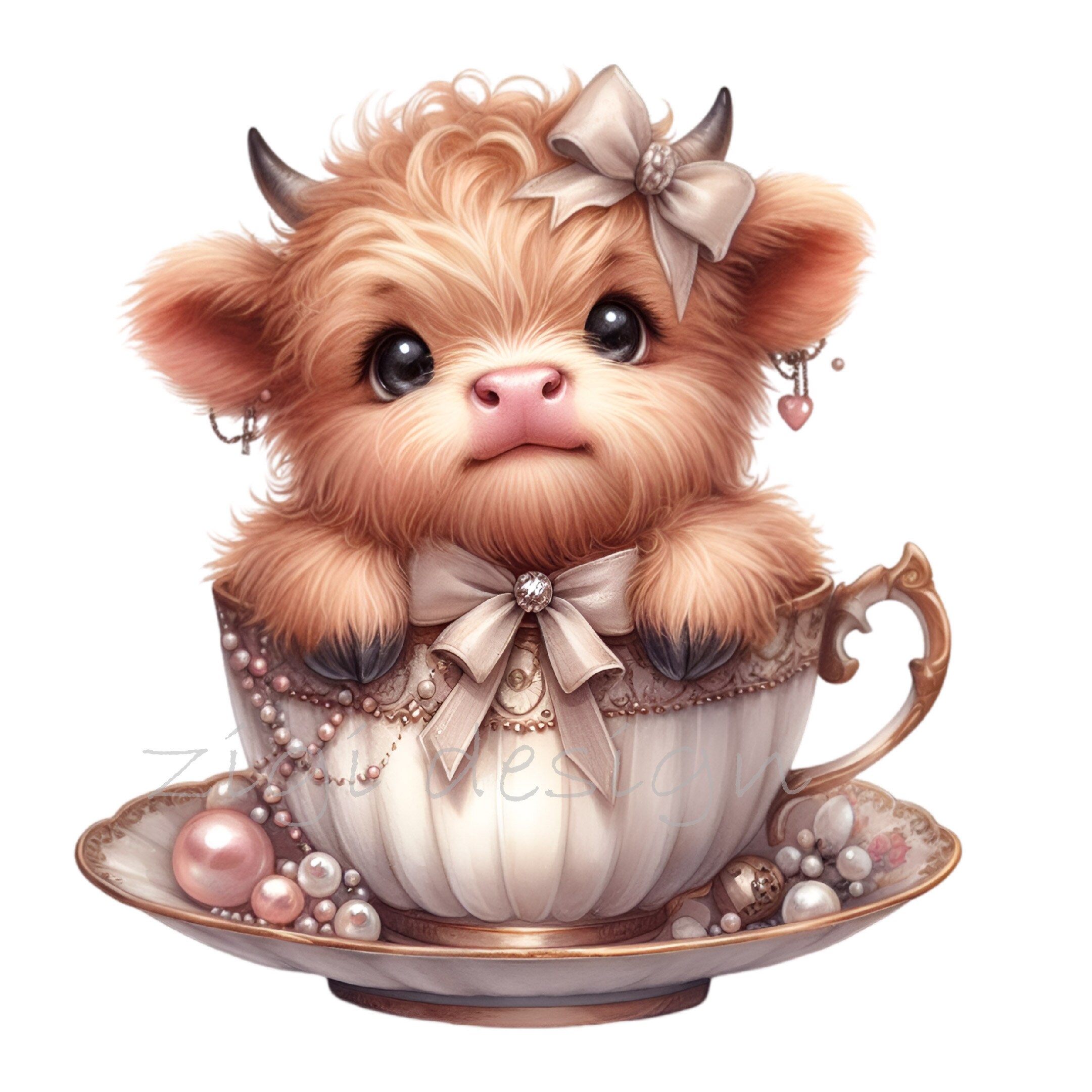 12 PNG Pink Highland Cow Clipart, Teacup Calf Bow Vintage Watercolor - Etsy