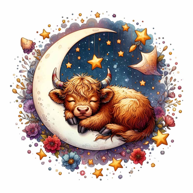14 PNG Highland Cow Moon Clipart, Sleeping Baby Heifer, Celestial ...