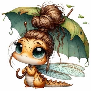 14 Cute Dragonfly Girl PNG Clipart, Big Eyes, Leaf Umbrella, Rain Drops ...