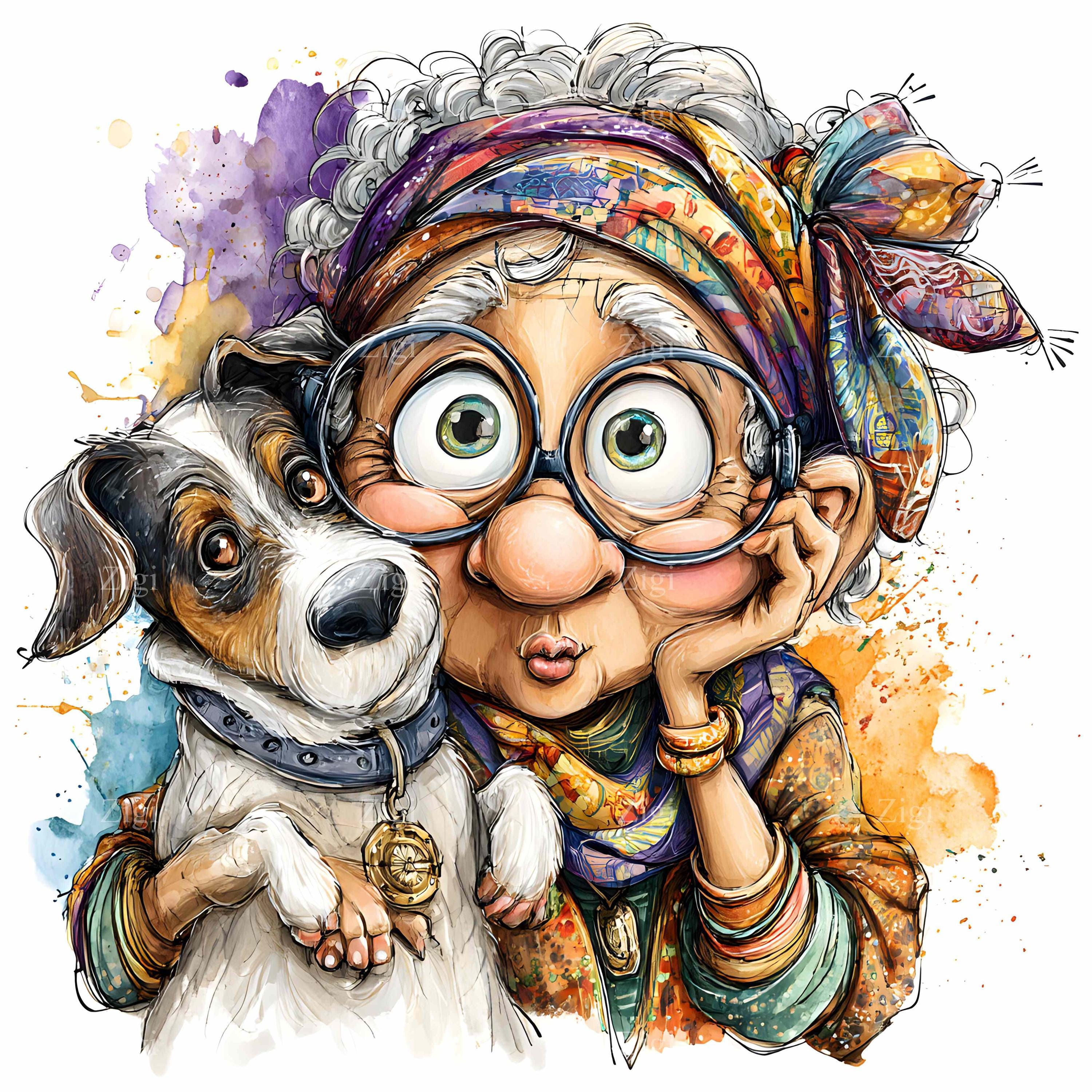 25 JPEG Whimsical Grandma With Dog – Cute JPG Clipart – Cartoon ...
