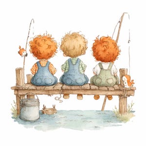 16 PNG Fishing Kids Clipart – Three Children on Pier PNG – Rustic ...