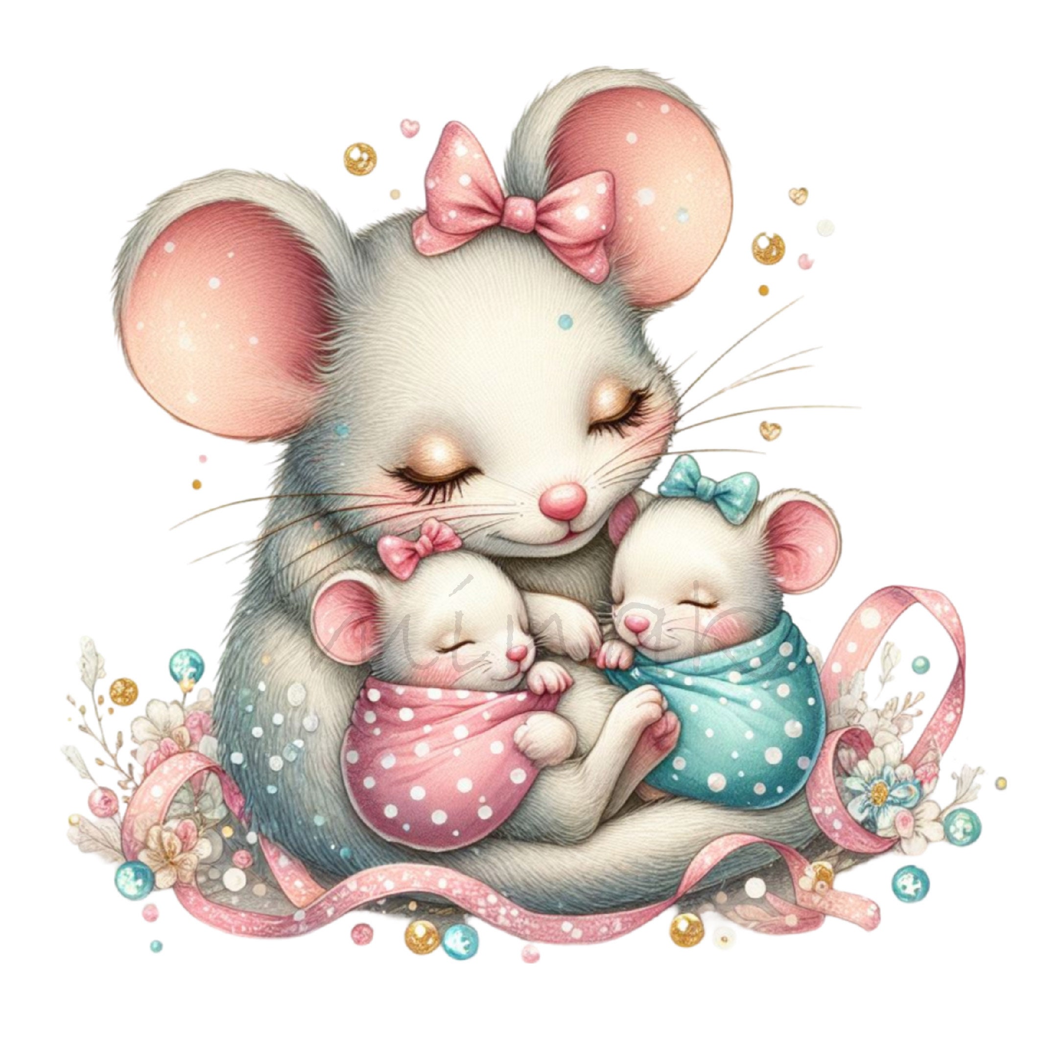10 PNG Mother Mouse Clipart, Baby Mice Family, Floral Illustration ...