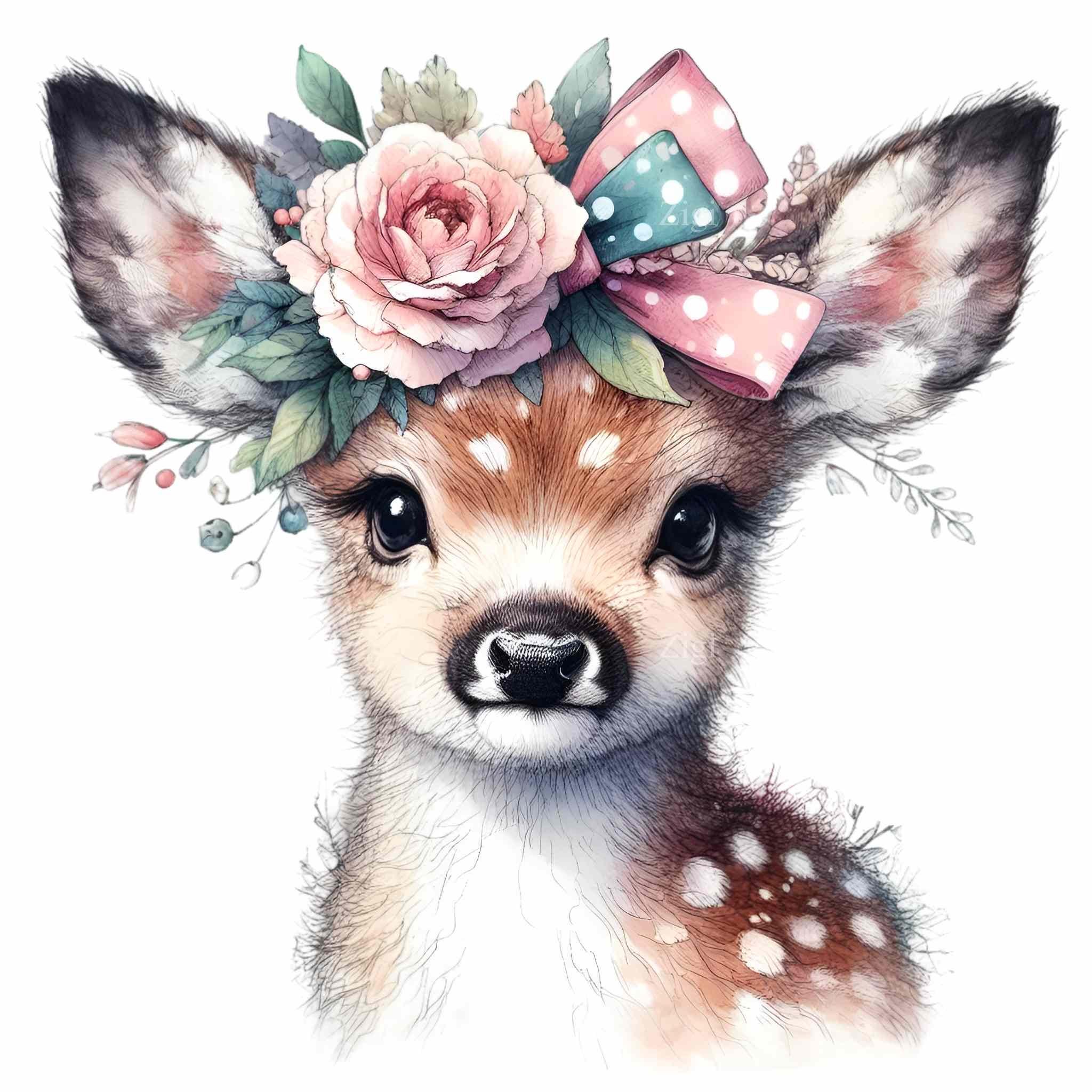 15 PNG Floral Baby Deer, Woodland Fawn Clipart, Pink Bow Messy Bun ...