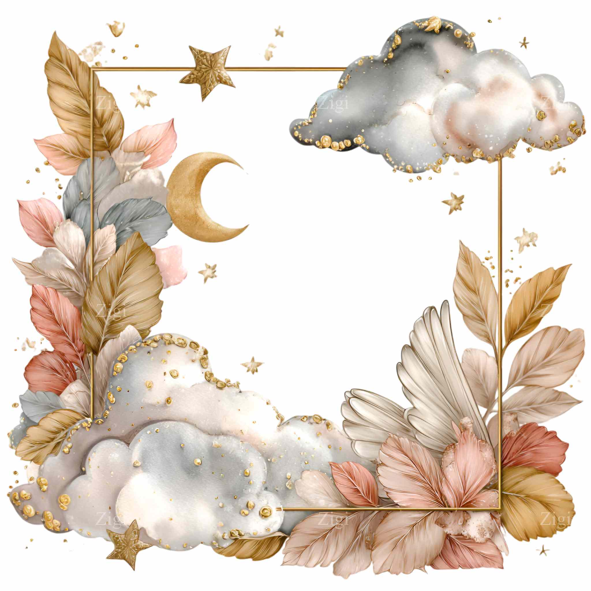 16 PNG Celestial Moon Frame PNG – Gold Clouds and Wings Clipart – Lunar ...