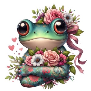 Floral Frog Clipart PNG 15 Cute Frog With Flower Bouquet, Digital ...