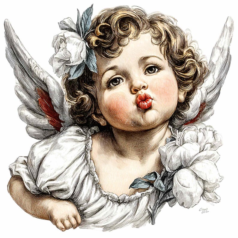 14 imágenes PNG de ángeles vintage: ilustración de querubín besándose ...